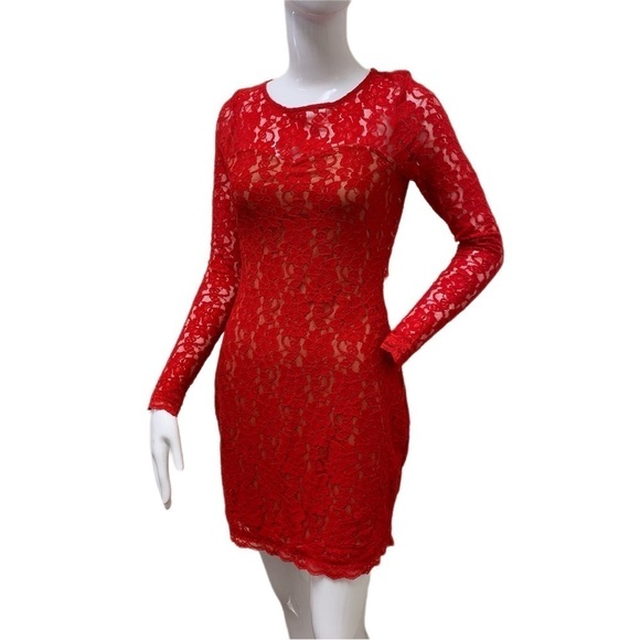 Express | Dresses | Express Red Lace Dress Long Sleeve | Poshmark